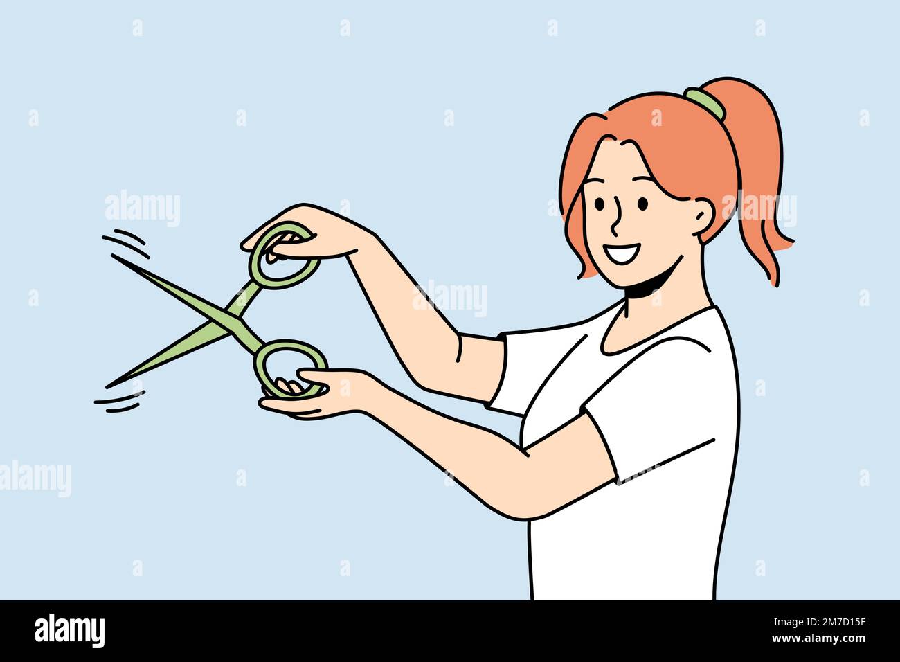 Smiling woman holding scissors in hands cutting. Happy millennial girl ...