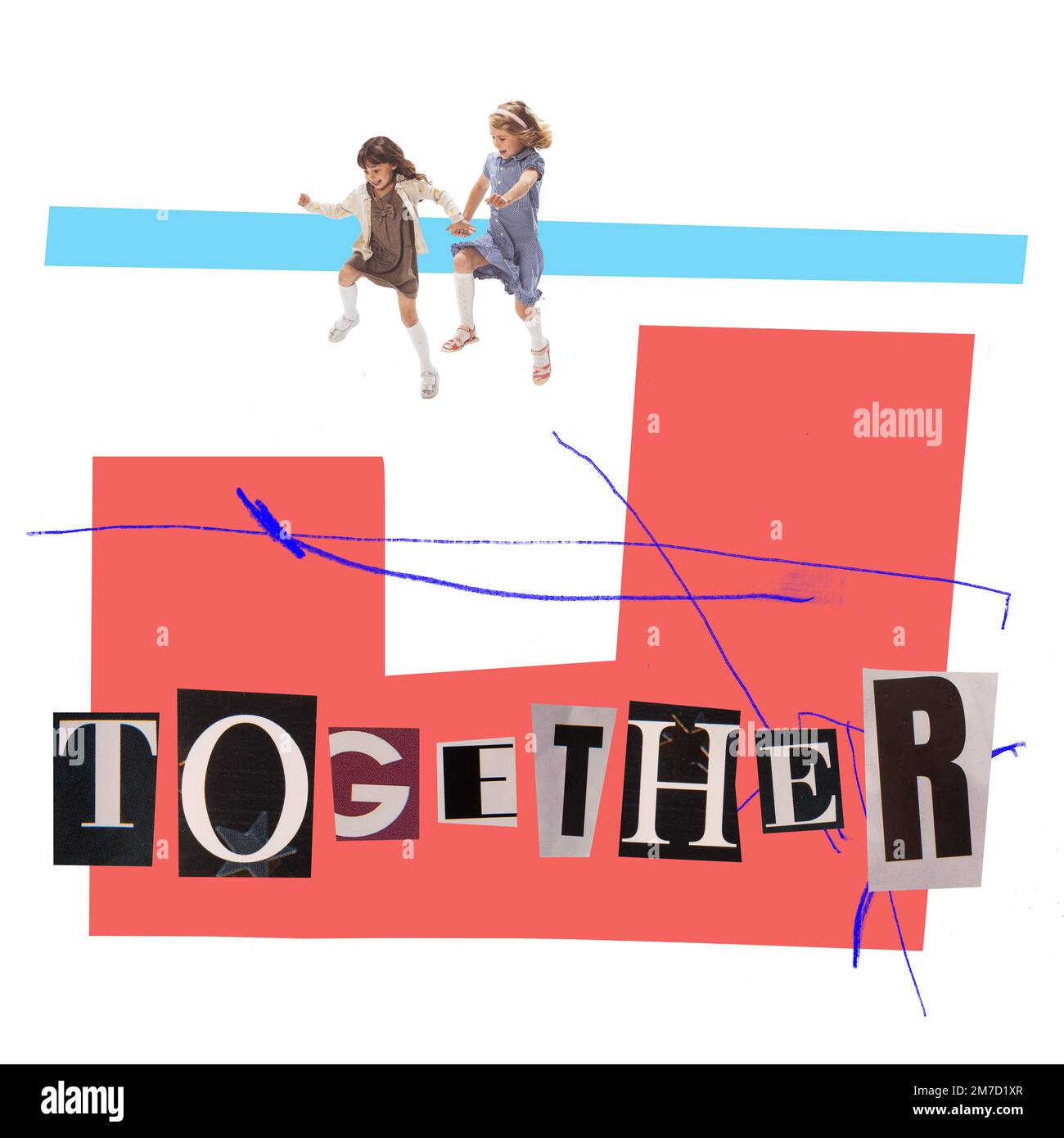 Creative conceptual art collage with little girls communicate each ...