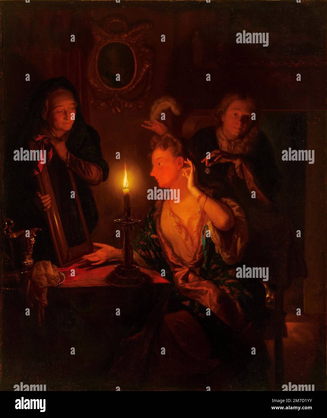 Godfried Schalcken, Lady at a Mirror by Candlelight, painting in oil on ...
