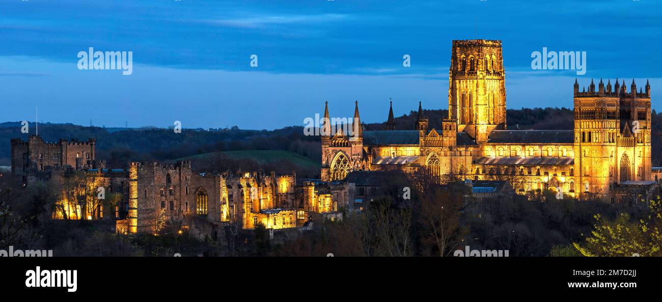 Durham Castle & Durham Cathedral floodlit at dusk, Durham City, County ... Durham Castle & Durham Cathedral floodlit at dusk, Durham City, County ...