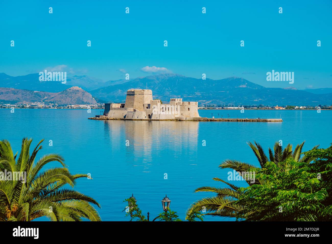 a view of the Bourtzi castle in Nafplio, Greece, in the Aegean sea ...