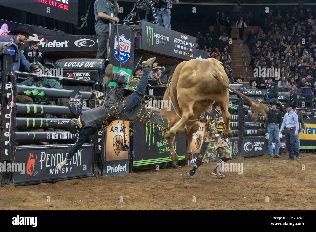 Dener Barbosa rides Moon Juice during the Professional Bull Riders 2023 ...