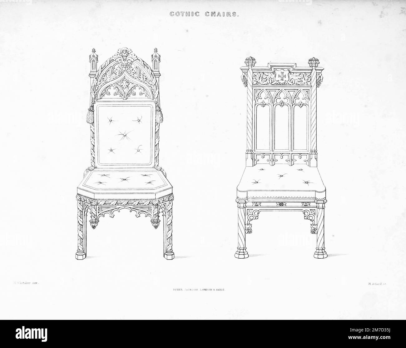 Two Gothic Chairs, one with a stuffed back, the other with an open one ...