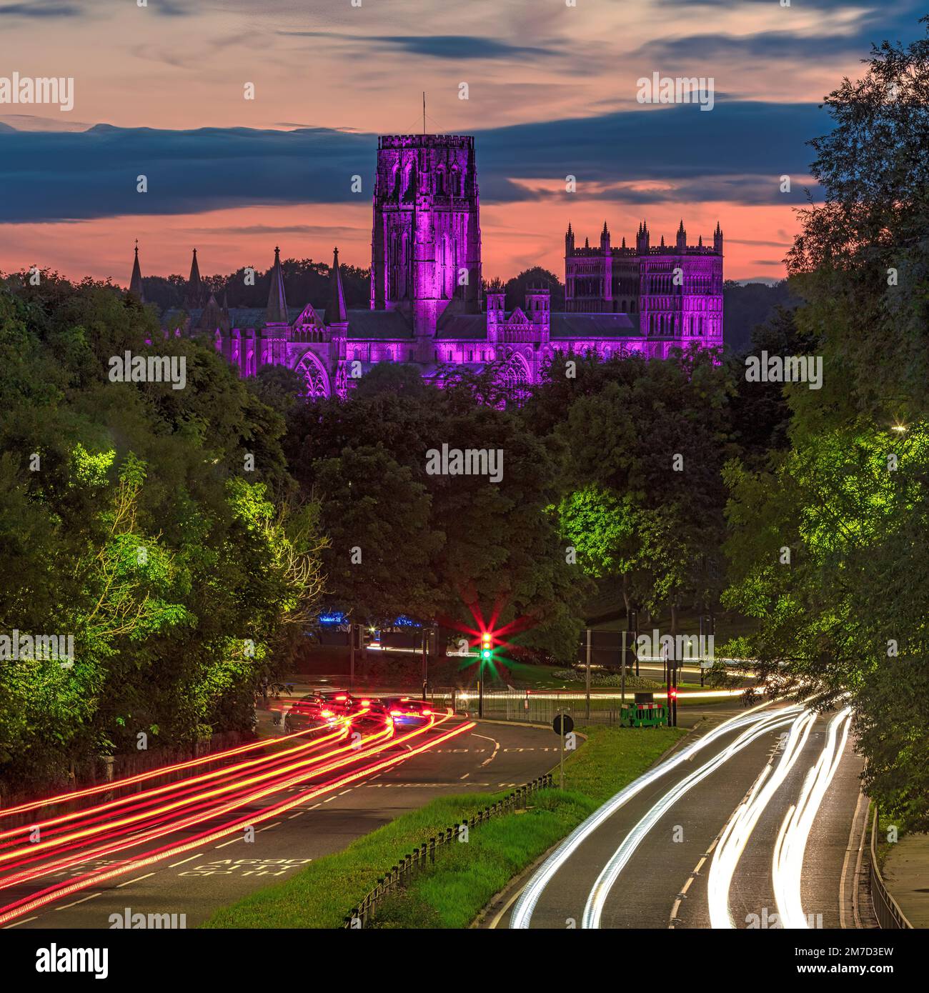 Durham Cathedral floodlit in purple to commemorate the death of Queen ...
