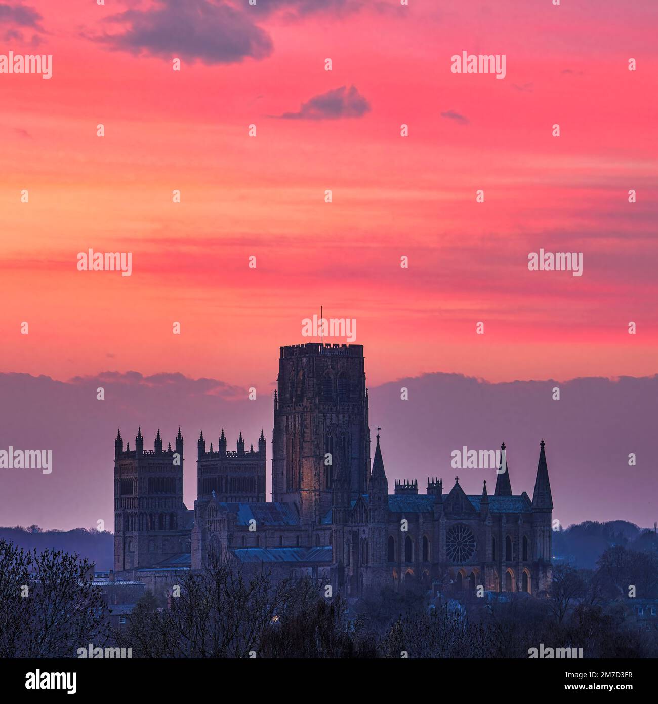 Durham Cathedral floodlit at dusk, Durham City, County Durham, England ...