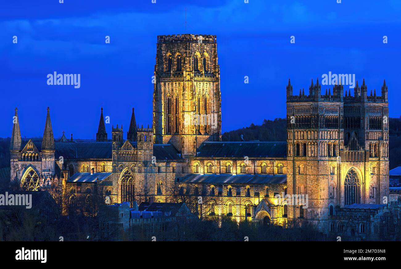 Durham Cathedral floodlit at dusk, Durham City, County Durham, England ...