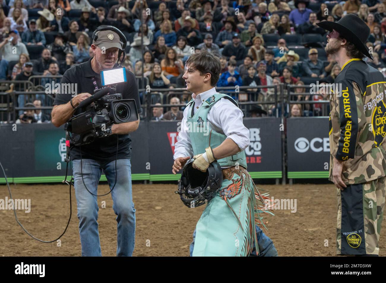 Thiago Salgado rides Cowboy Playboy during the Professional Bull Riders 2023 Unleash The Beast ...