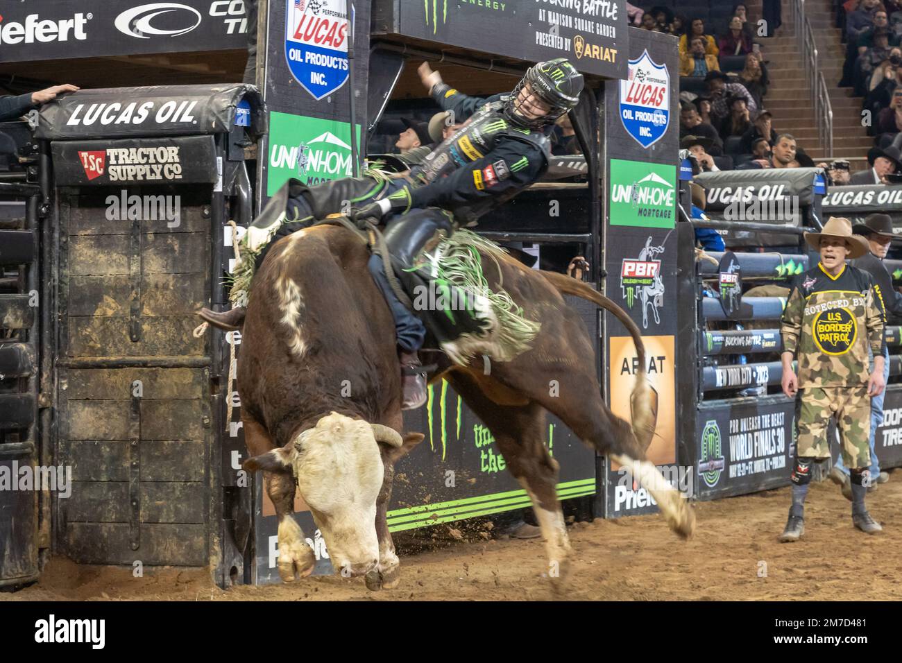 Derek Kolbaba rides Salty Brindle during the Professional Bull Riders ...