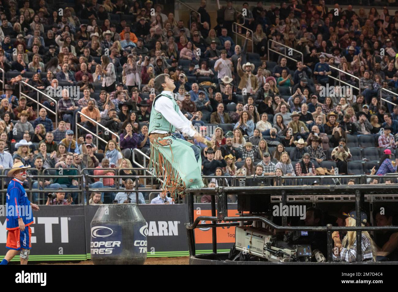 Thiago Salgado rides Cowboy Playboy during the Professional Bull Riders 2023 Unleash The Beast ...