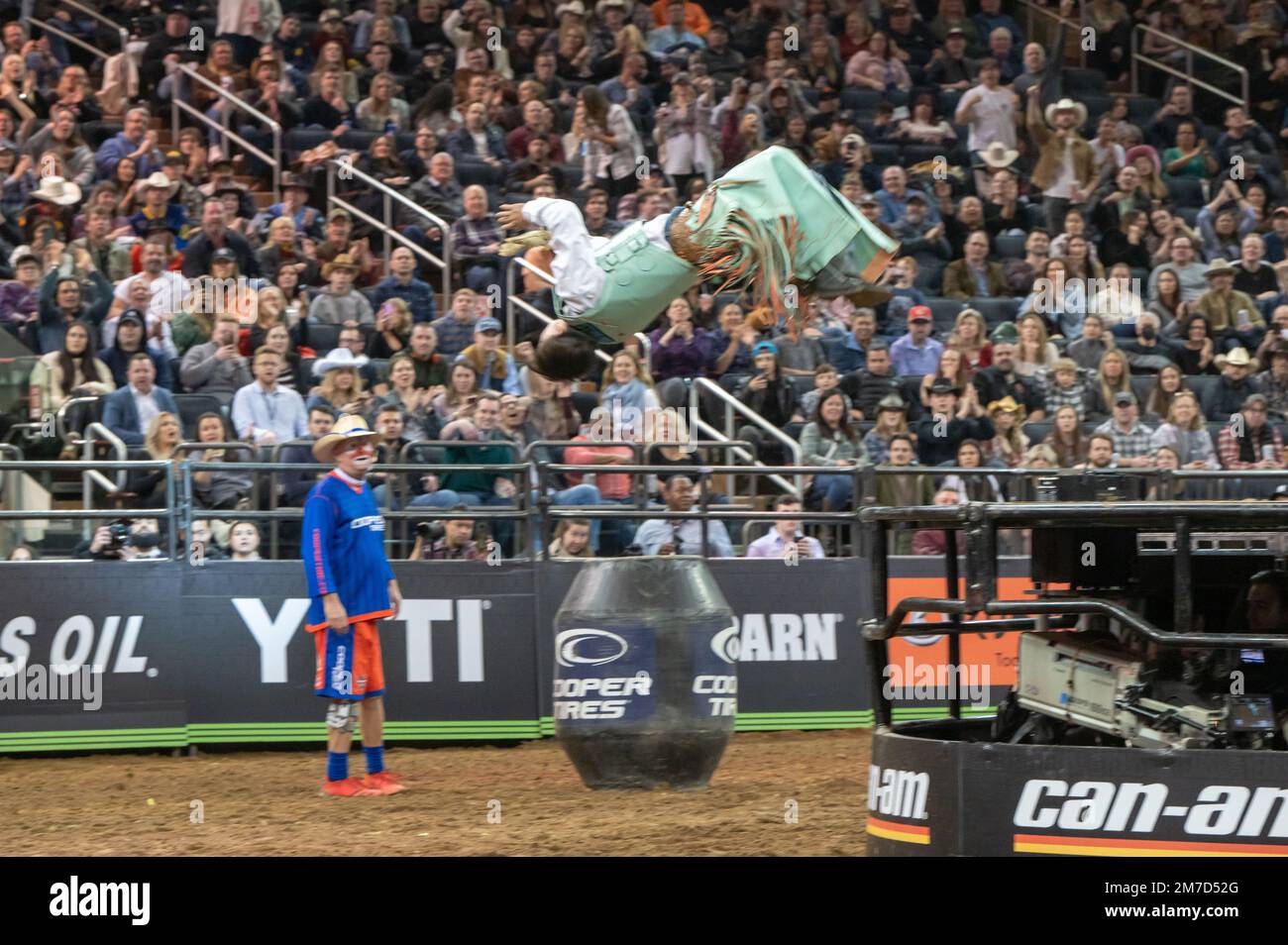 Thiago Salgado rides Cowboy Playboy during the Professional Bull Riders 2023 Unleash The Beast ...