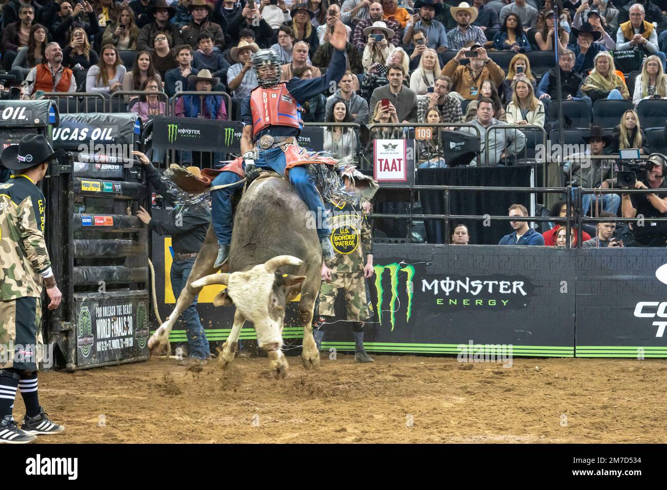 Alisson De Souza rides Skippy during the Professional Bull Riders 2023 ...