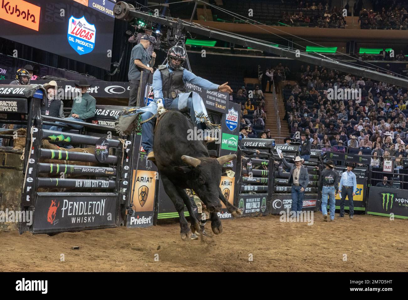 João Lucas rides Border Wall during the Professional Bull Riders 2023 ...