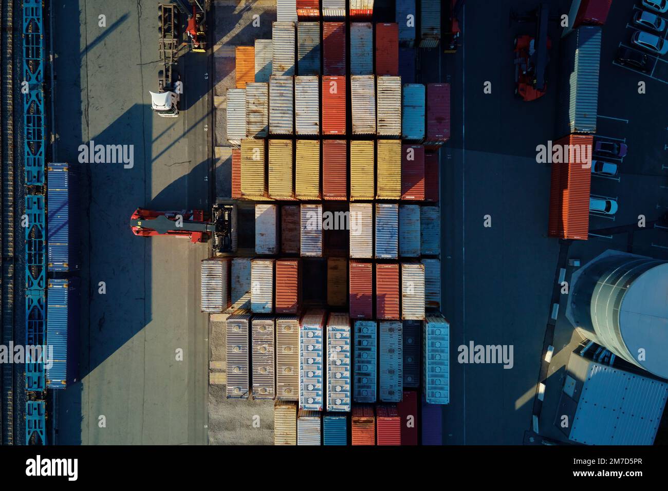 Shipping containers in terminal, Unloading containers in warehouse on ...
