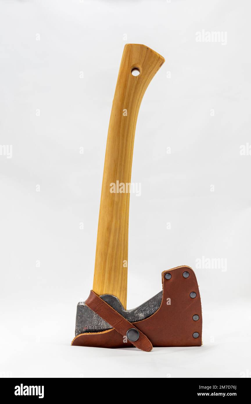 Traditional axe with wooden handle on white background. Carpenter's ...
