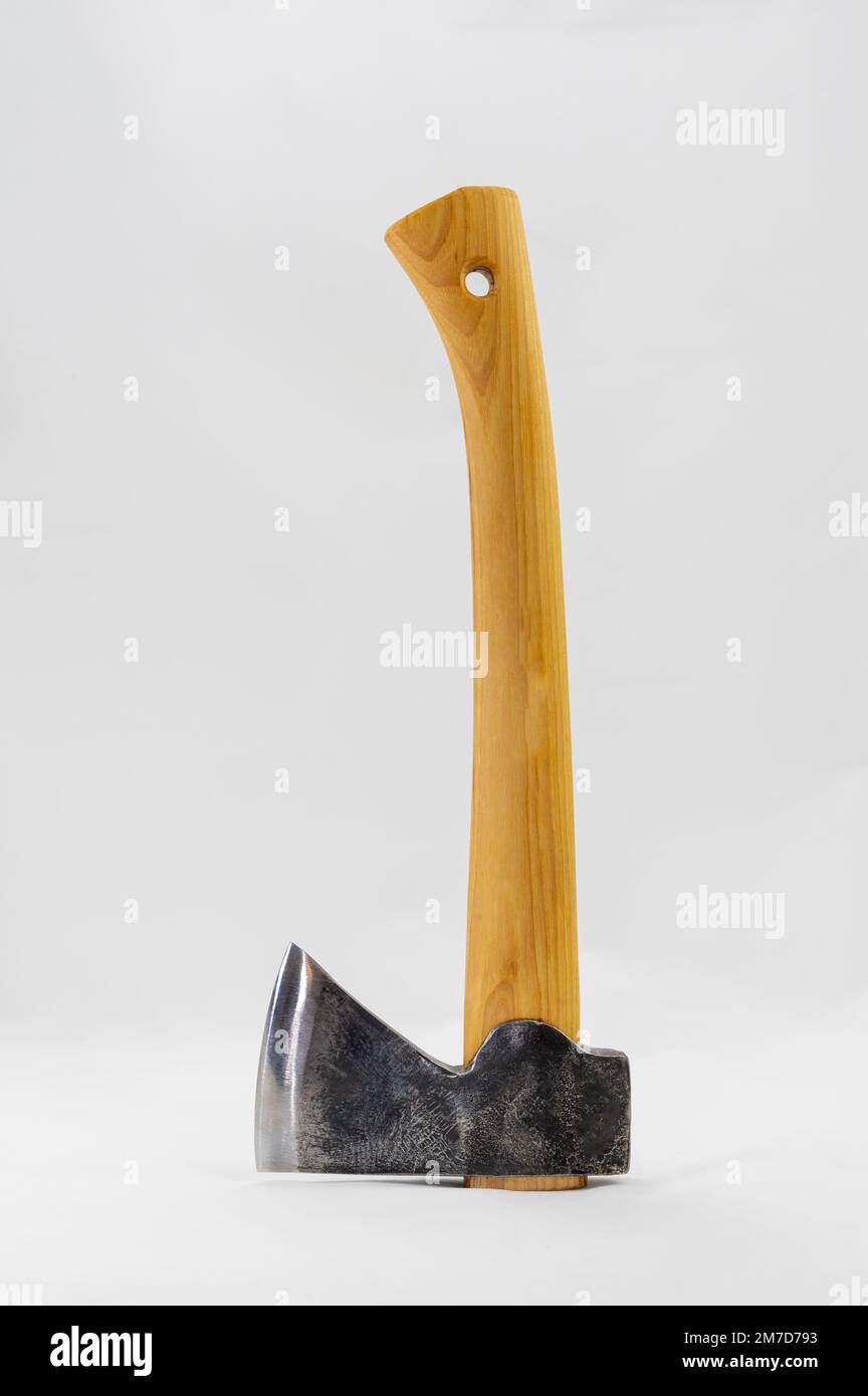 Traditional axe with wooden handle on white background. Carpenter's ...