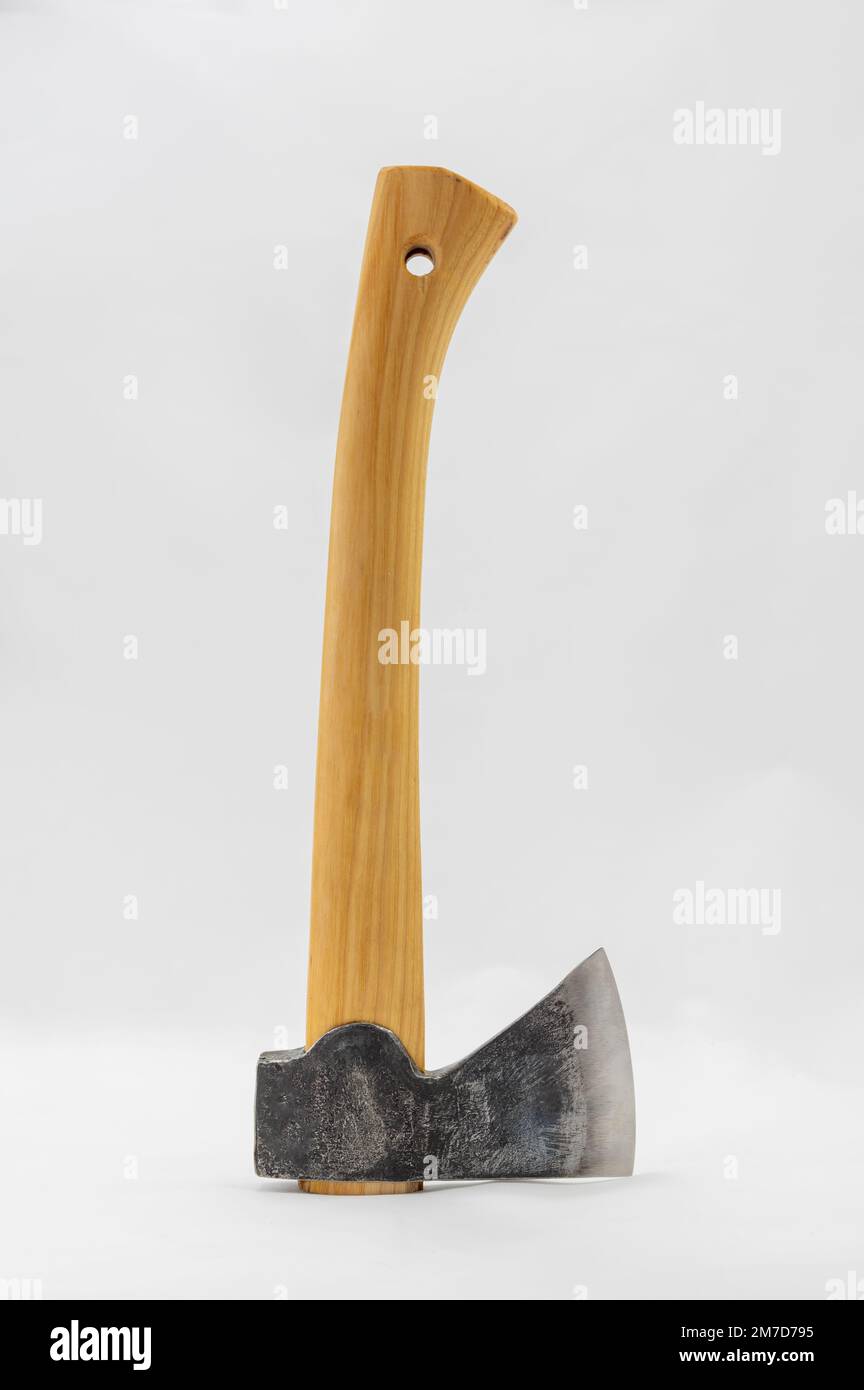 Traditional axe with wooden handle on white background. Carpenter's ...