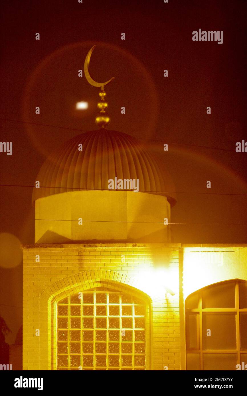 The Sickle moon or crescent adornes the top of a mosque in the Uk as ...