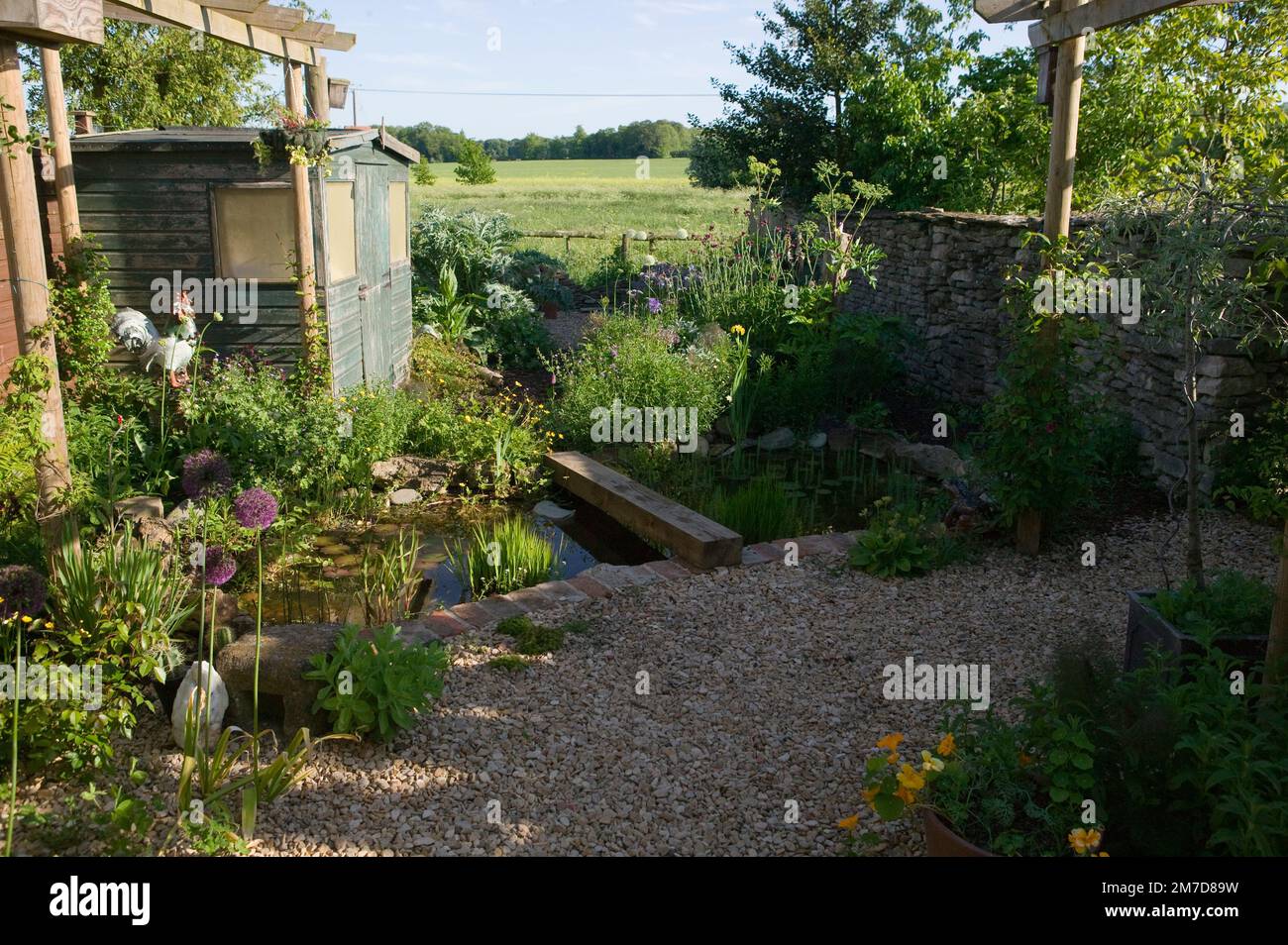 Landscape view of a small garden with pond, shed, ornaments and ...