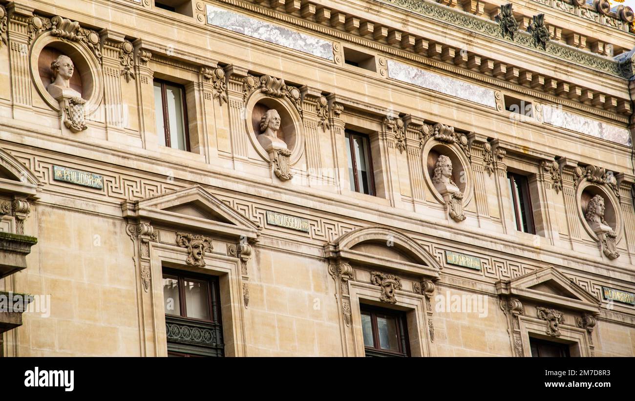 Paris, France - Dec. 26 2022: The front facade and decoration of the ...