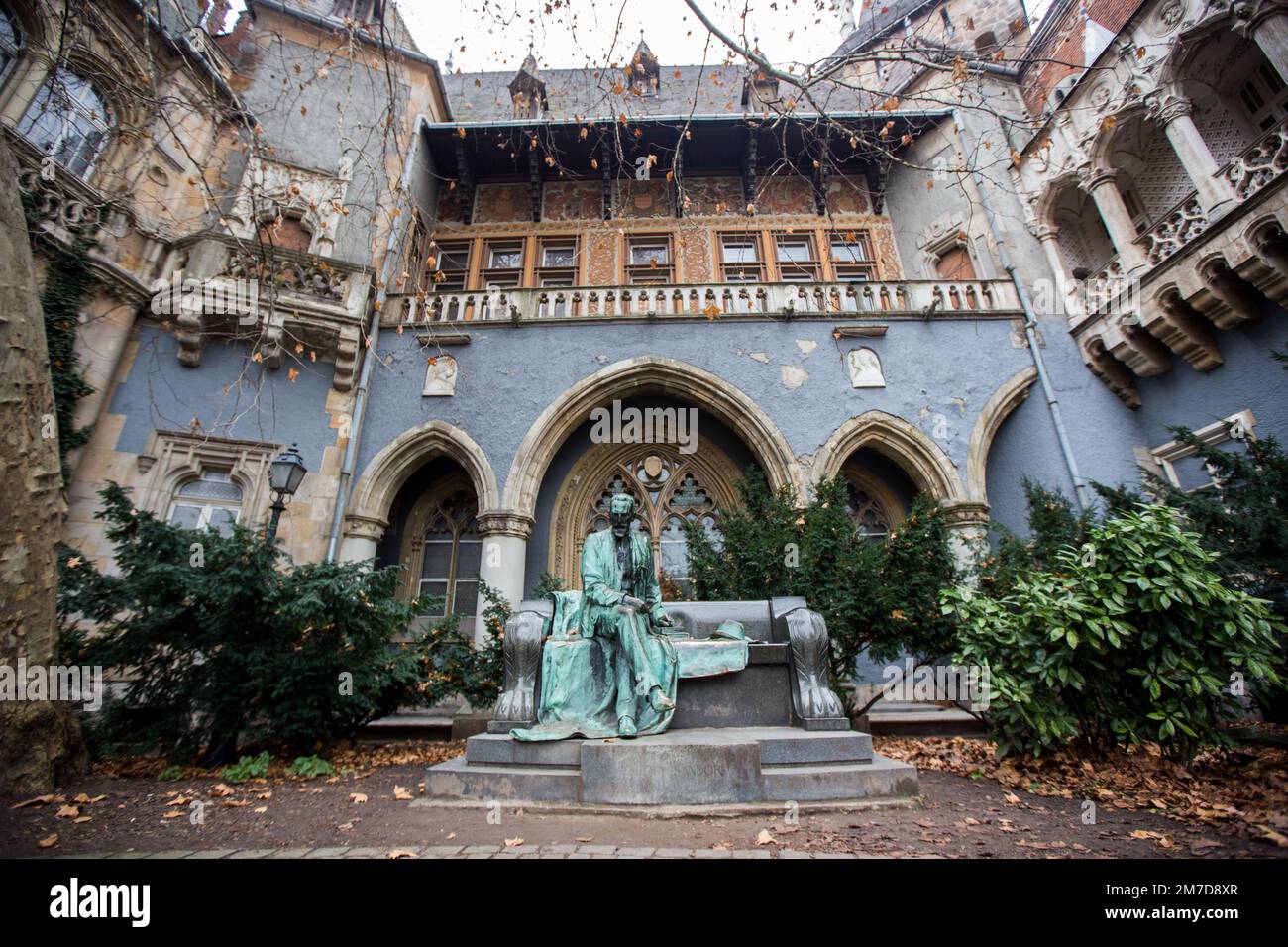 View at statue of Grof Karolyi Sandor at Vajdahunyad Castle in the City ...