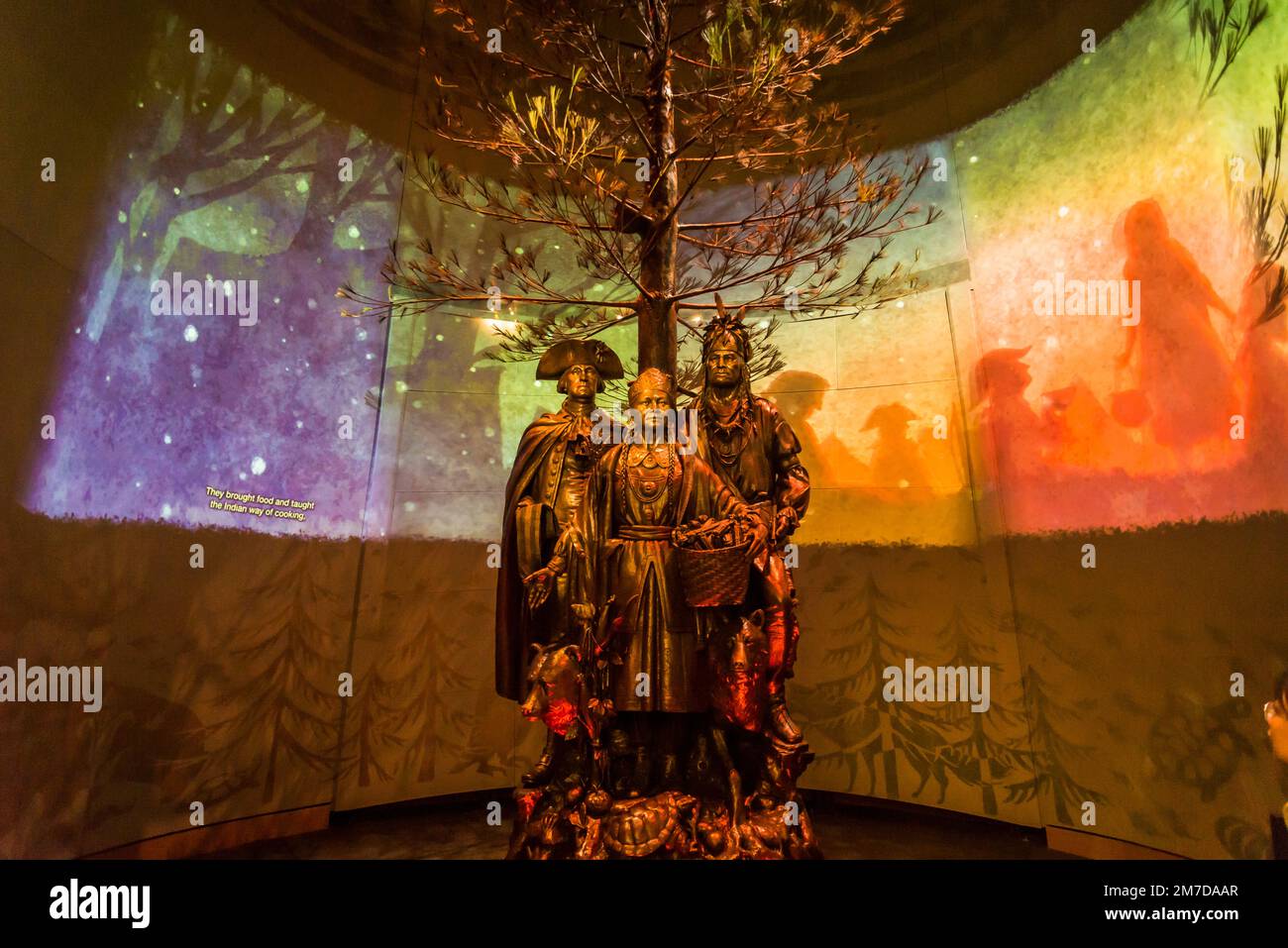 Sculpture with a tree, Exhibits representing Native American culture ...