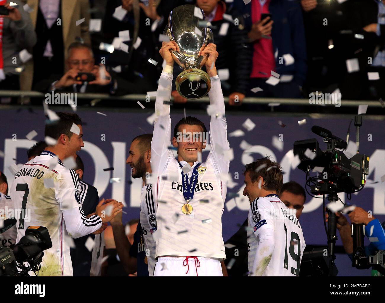 File photo dated 12-08-2014 of Real Madrid's Gareth Bale lifts the UEFA ...