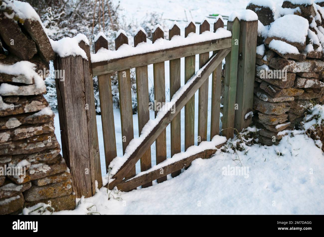 A snow covered allotment in the cotswlds, Uk that is accessed by ...
