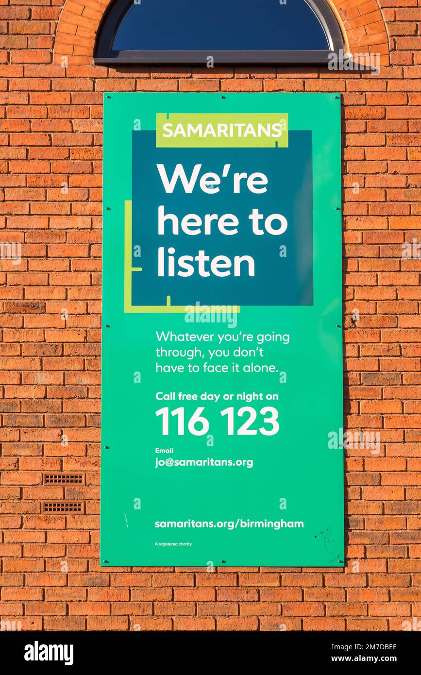 Sign outside Samaritans office in Birmingham city centre Stock Photo ...