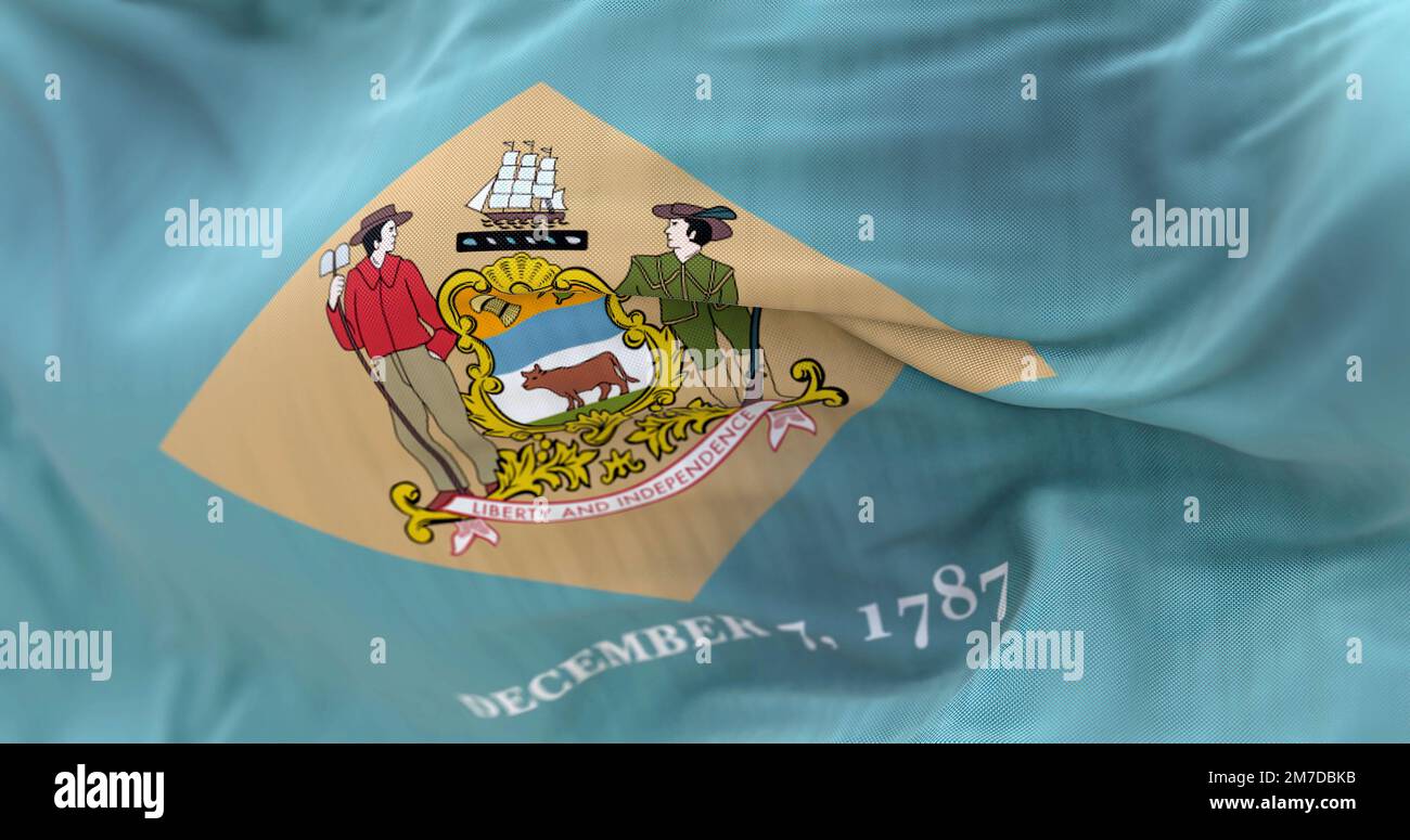 Close-up view of the Delaware state flag waving. Delaware is a state in ...