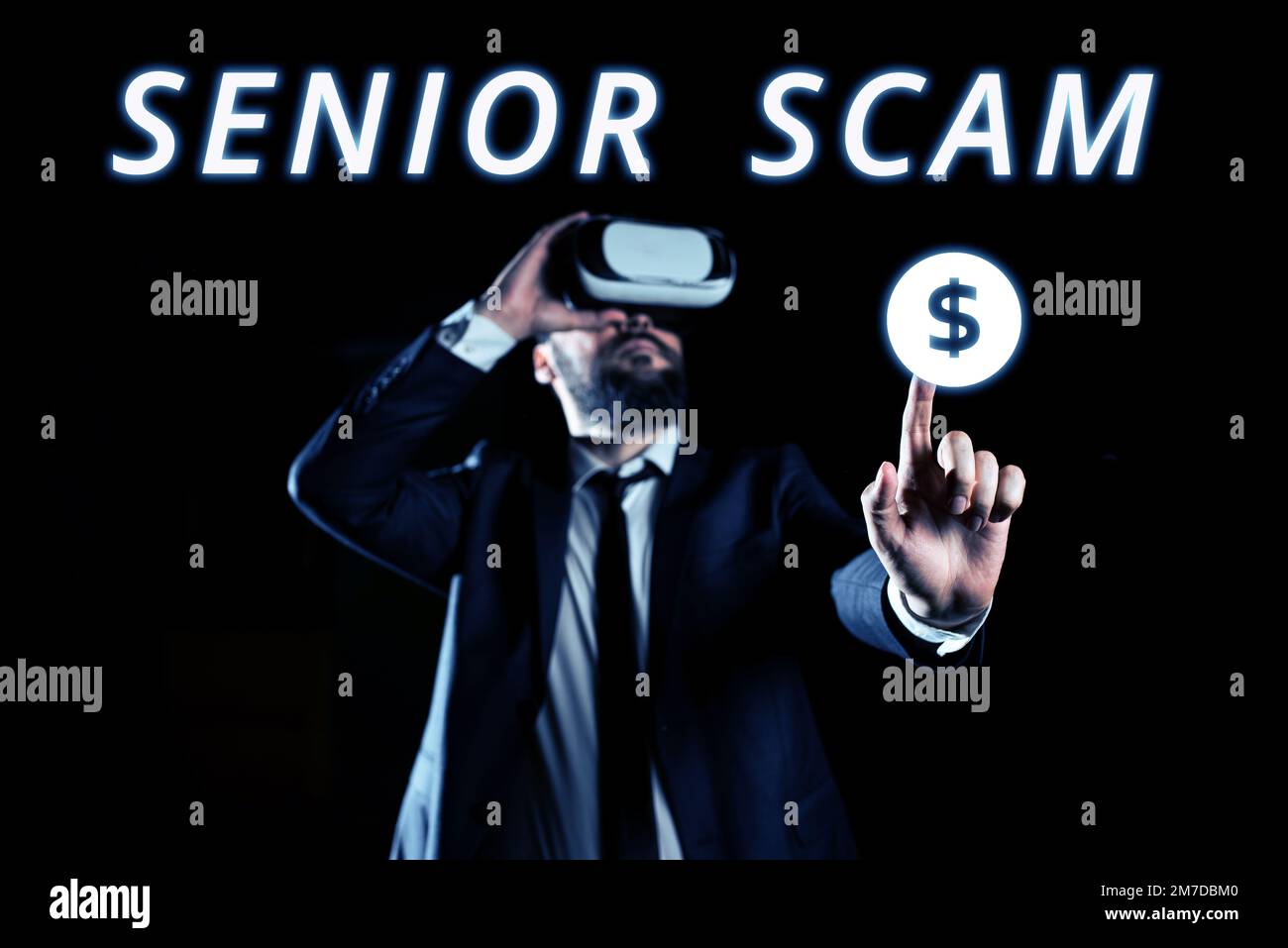 Text caption presenting Senior Scam. Business approach fraud schemes ...