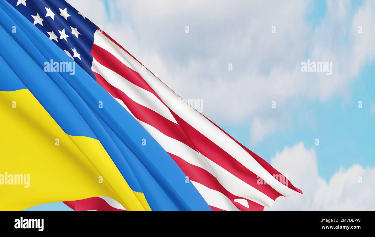 Ukraine flag and Usa flag waving in the wind on blue sky background ...