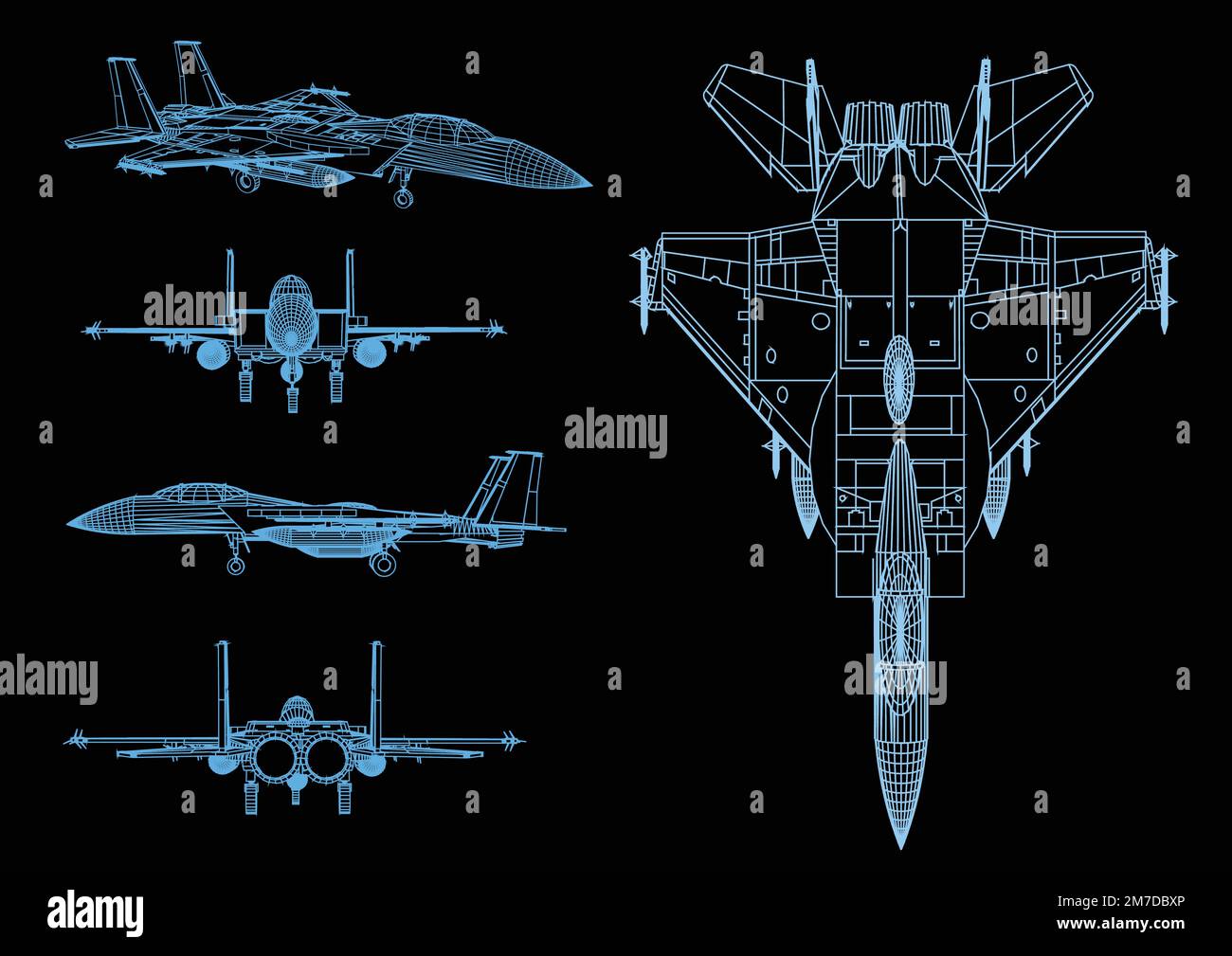 Wireframe of the aircraft from the blue lines. Polygonal plane. View ...