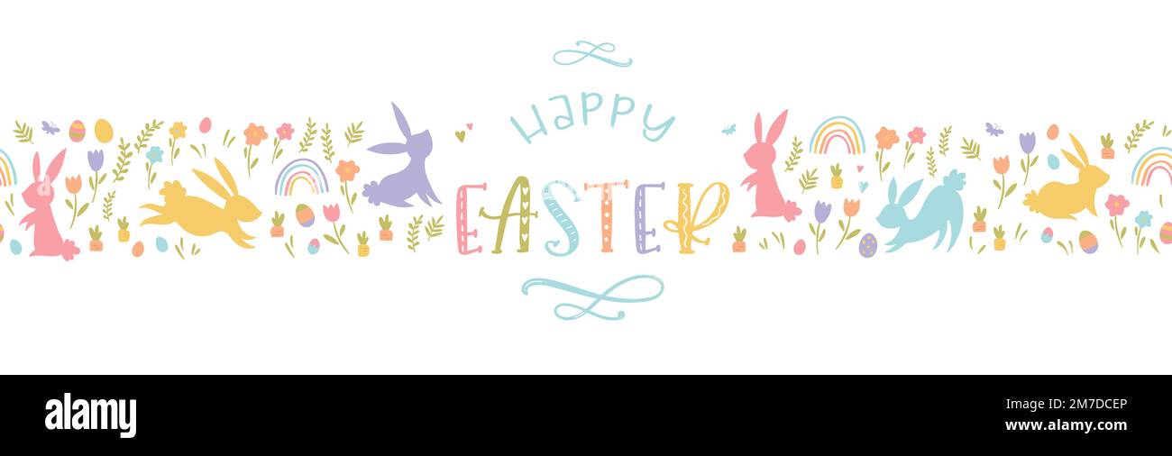 Cute hand drawn Easter horizontal seamless pattern with bunnies ...