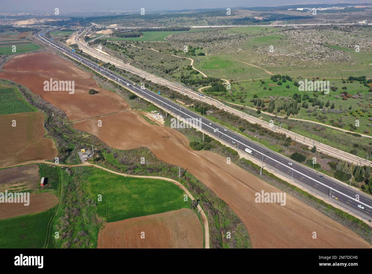 Lod. 8th Jan, 2023. This aerial photo shows the No. 1 Highway of Israel ...