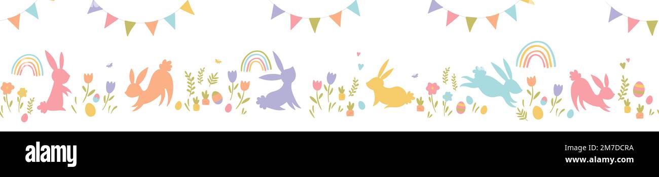 Cute hand drawn Easter horizontal seamless pattern with bunnies, flowers, easter eggs, beautiful ...