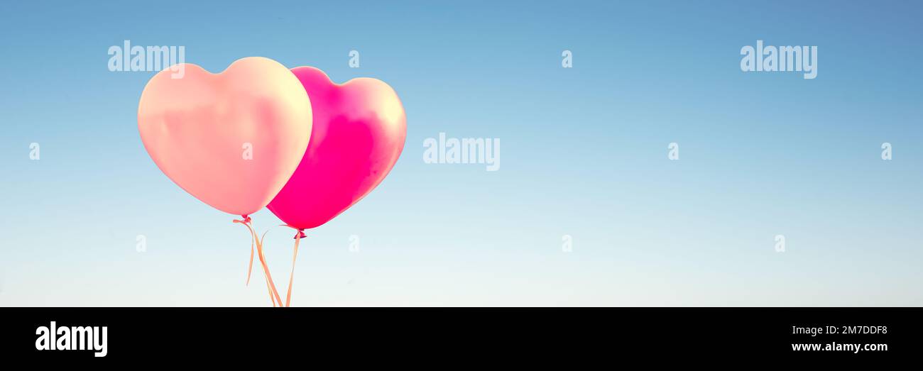 Two pink balloons in the shape of hearts on panoramic sky background ...