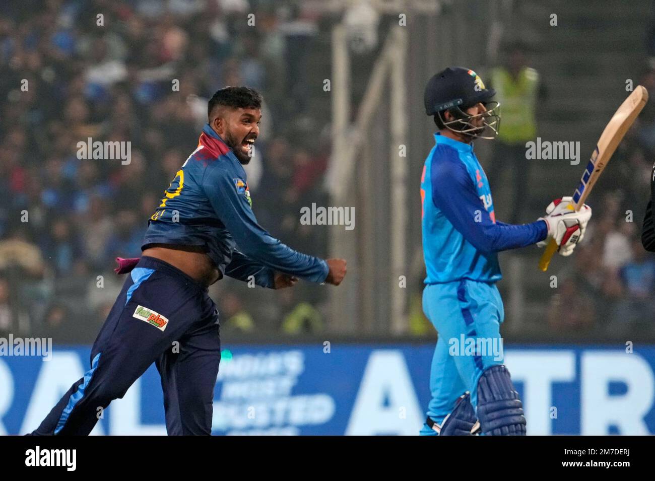Sri Lanka's Wanindu Hasaranga celebrates after the dismissal of India's ...