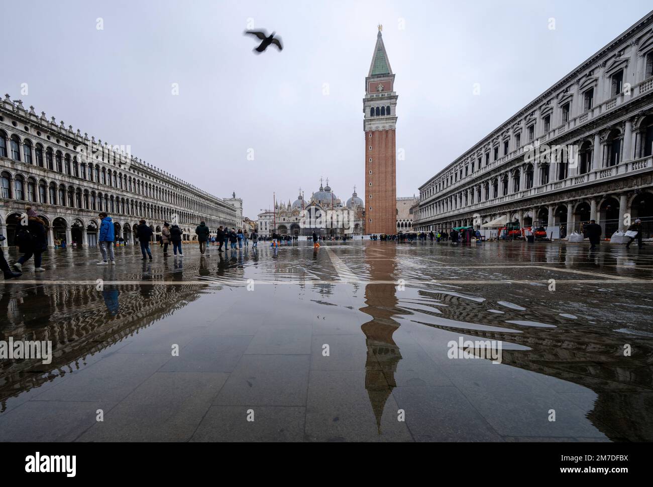 St. Mark's Basilica and it's bell tower reflect on the flooded square ...