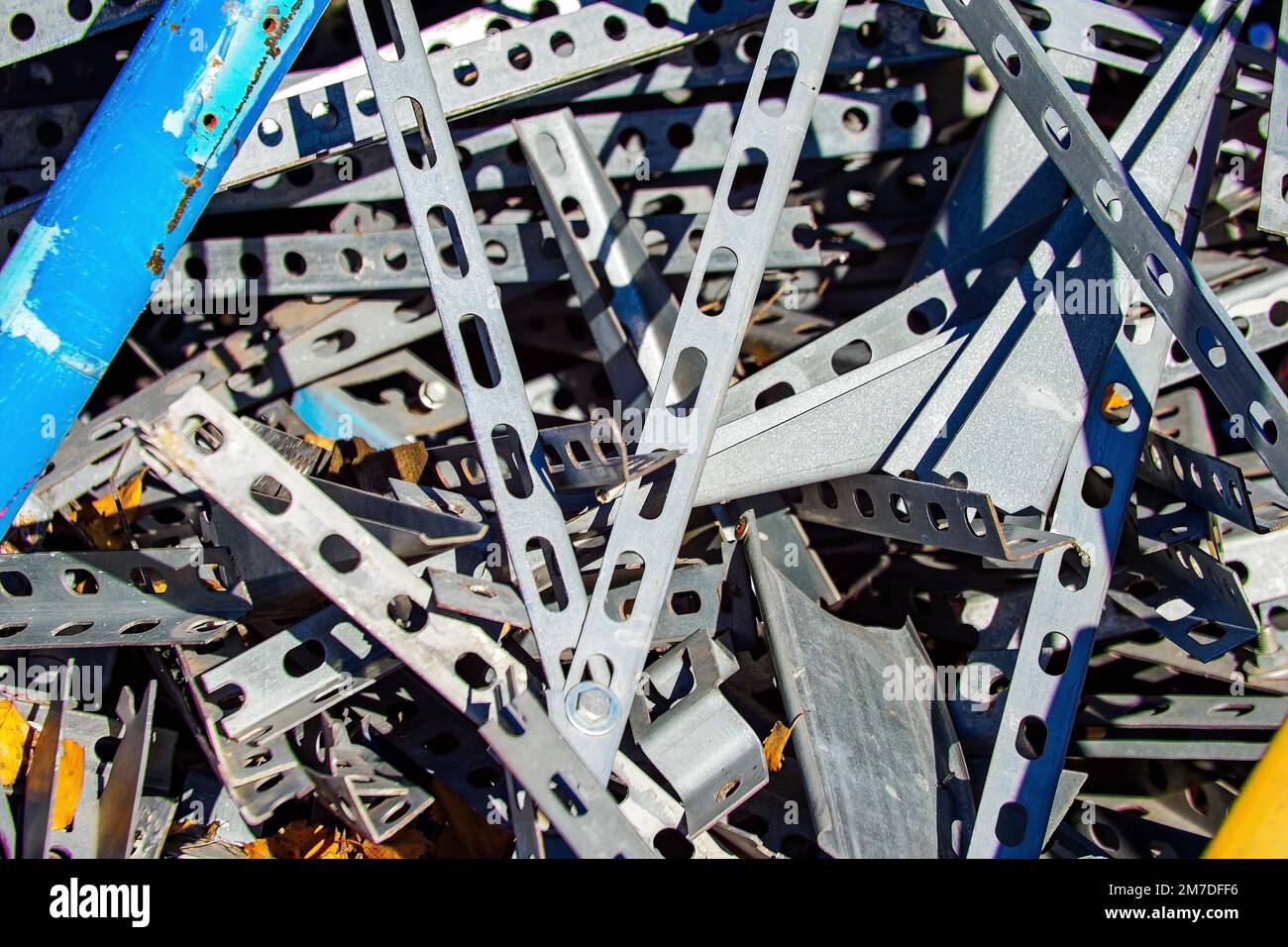 Scrap. Close-up of construction metal waste dump. Pile of pipes and ...