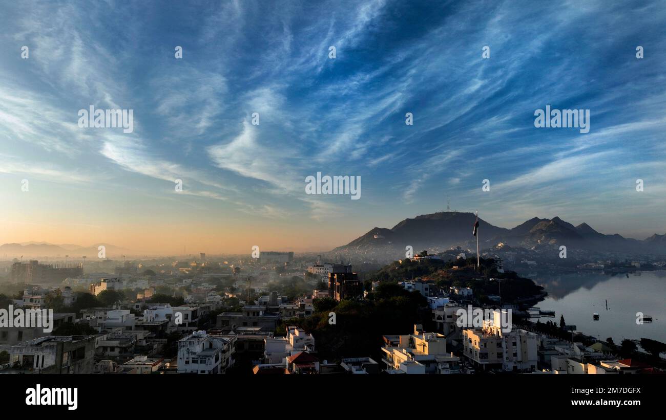 A morning aerial view of Ana sagar lake in historical Ajmer City ...