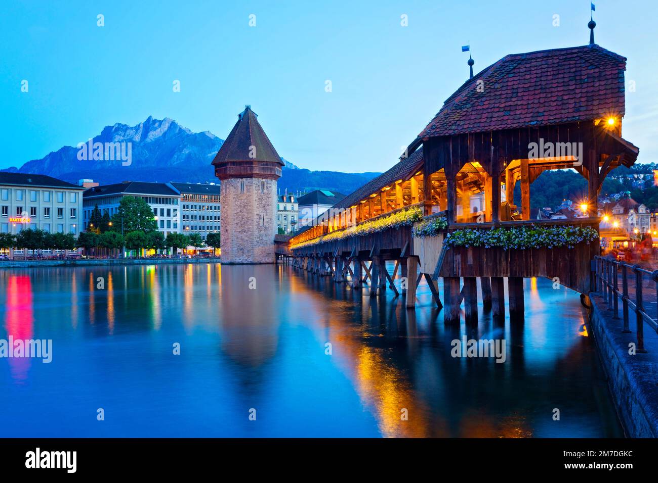 Famous Lucerne city at twilight, Swiss Alps, Switzerland Stock Photo ...