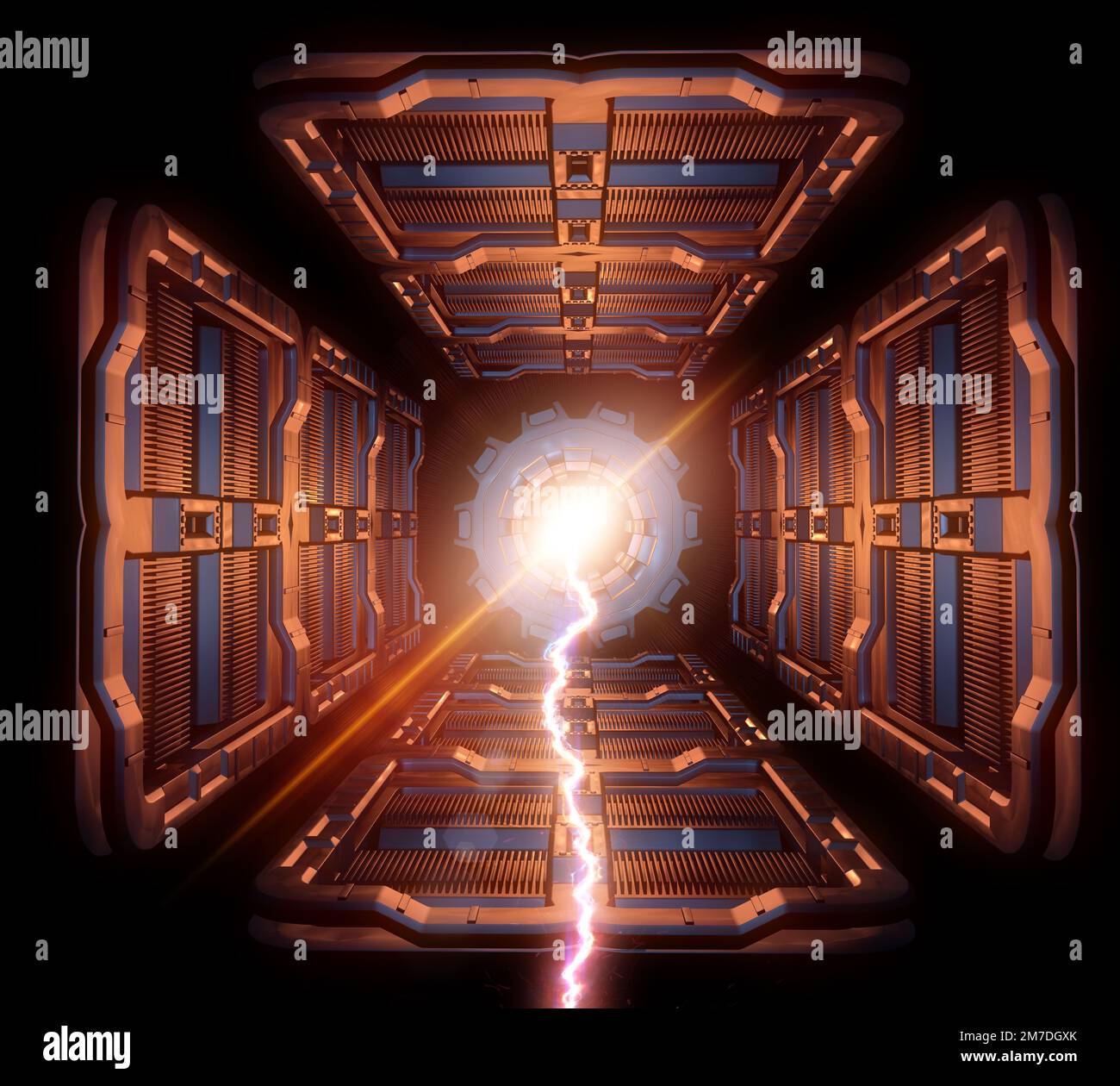 Energy beam, clean energy production. Colliding atoms. Technology in ...
