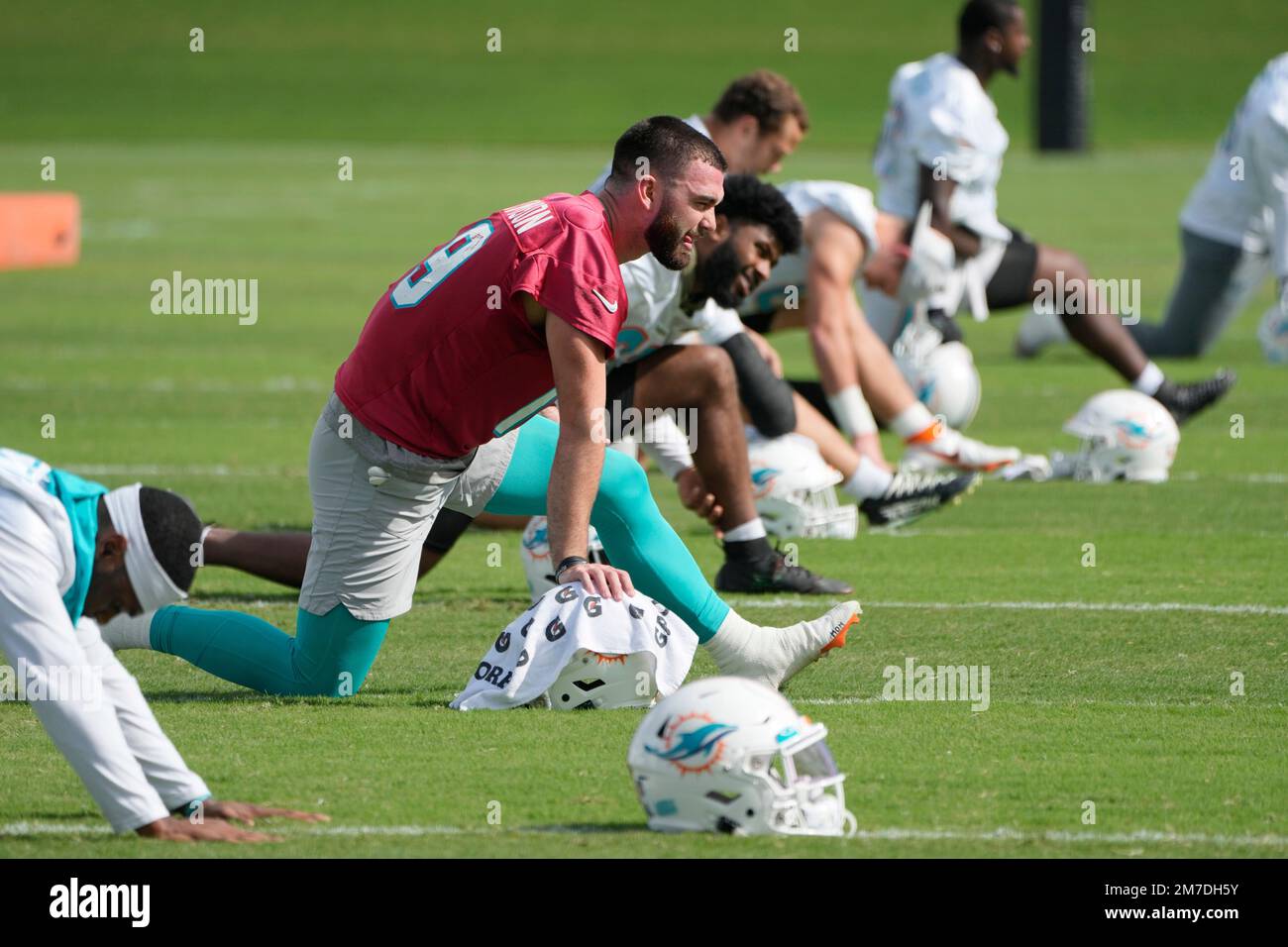 Miami Dolphins quarterback Skylar Thompson stretches during practice at ...