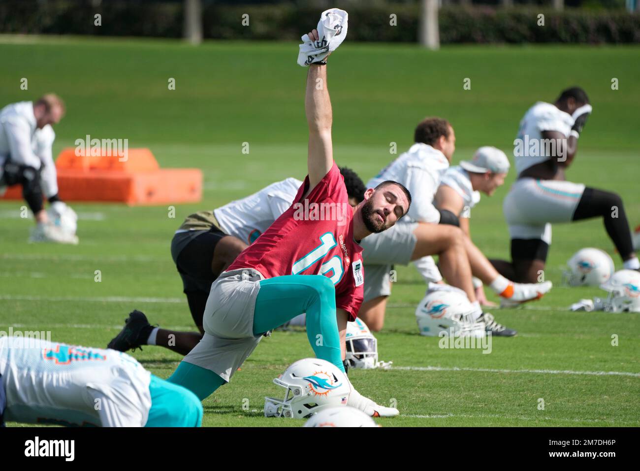 Miami Dolphins quarterback Skylar Thompson stretches during practice at ...