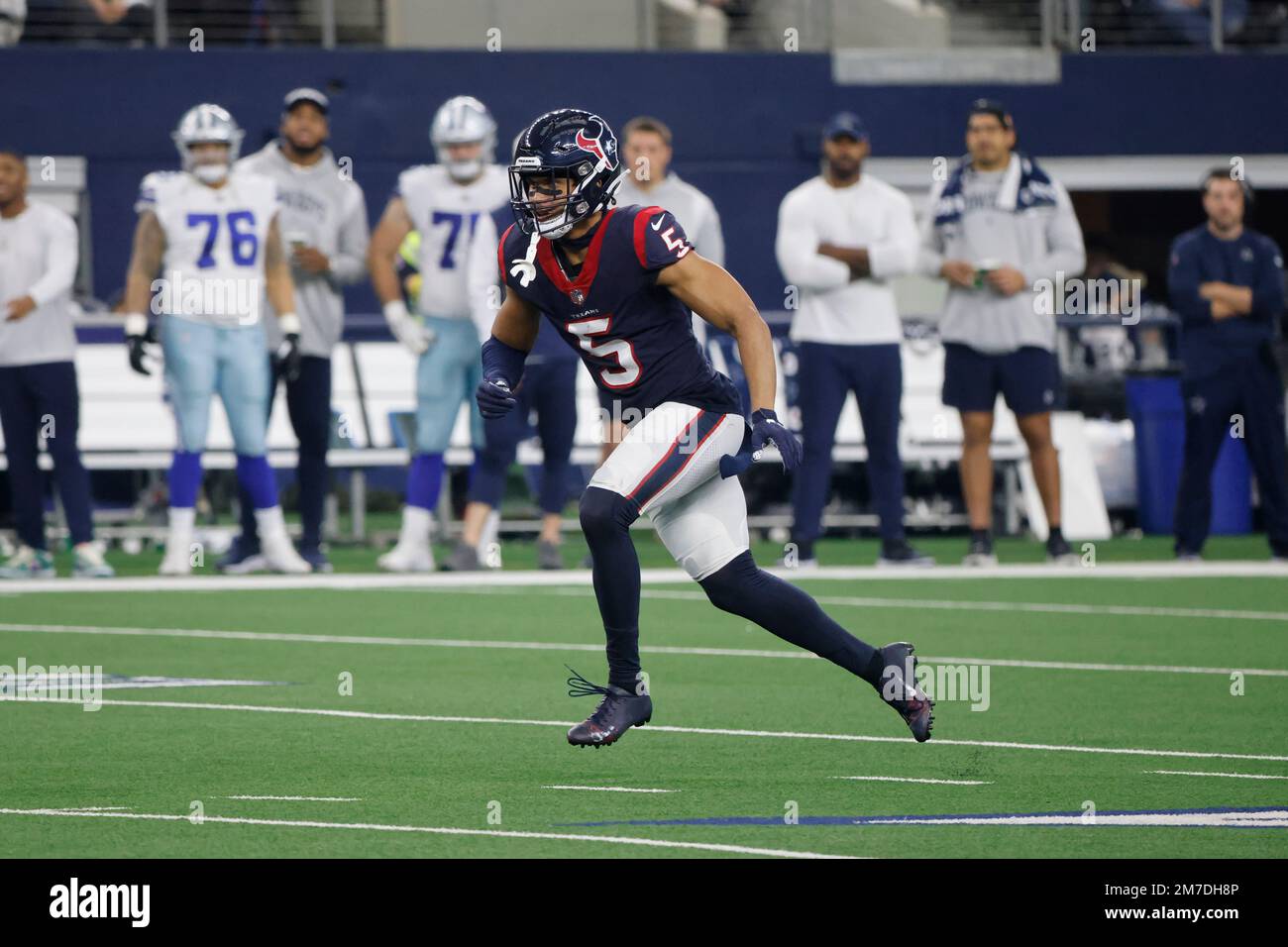 Houston Texans safety Jalen Pitre (5) defends against the Dallas ...