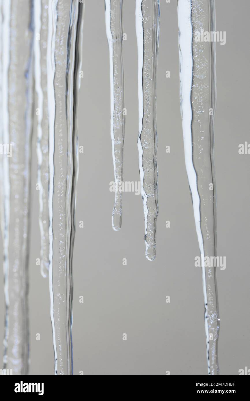 Large icicles hanging from a house, glisten in the winter sunlight like ...