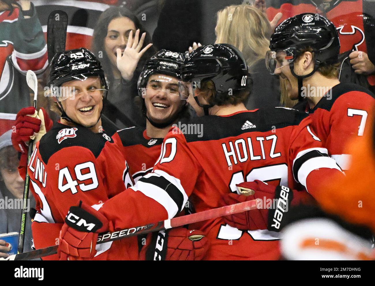 New Jersey Devils center Jack Hughes (86) celebrates his goal with ...