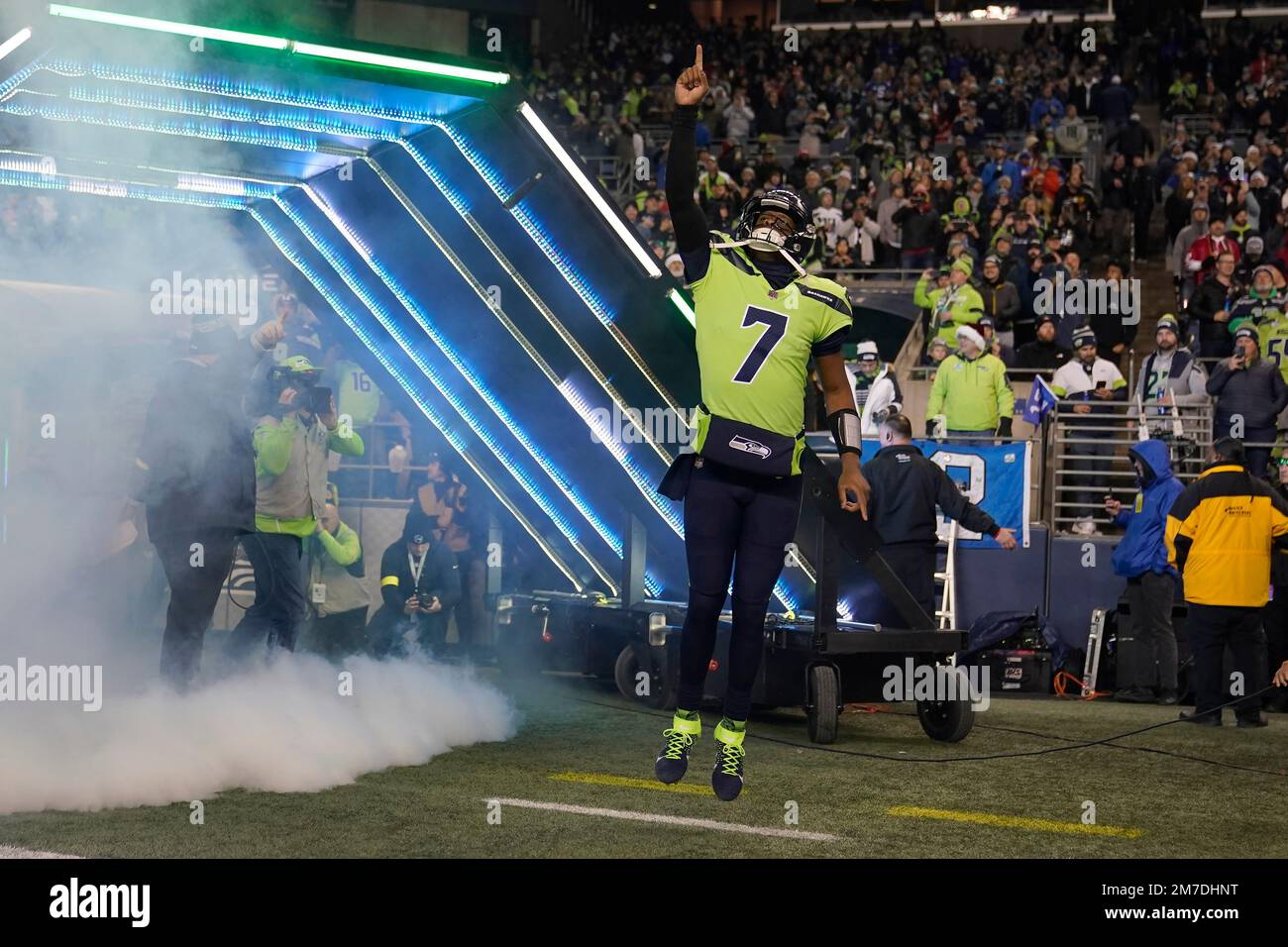 Seattle Seahawks quarterback Geno Smith (7) is introduced before an NFL ...