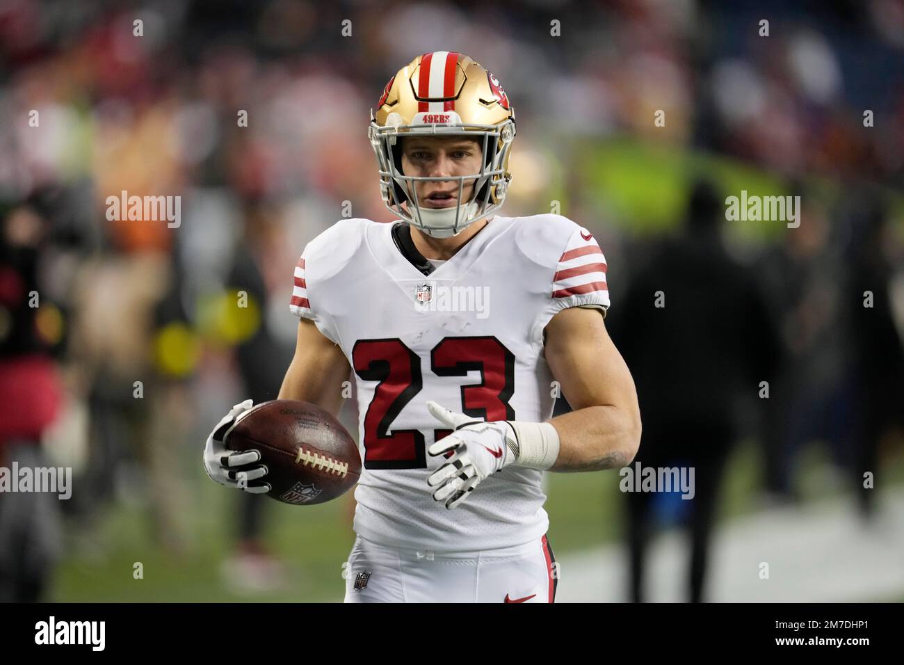 San Francisco 49ers running back Christian McCaffrey (23) warms up ...