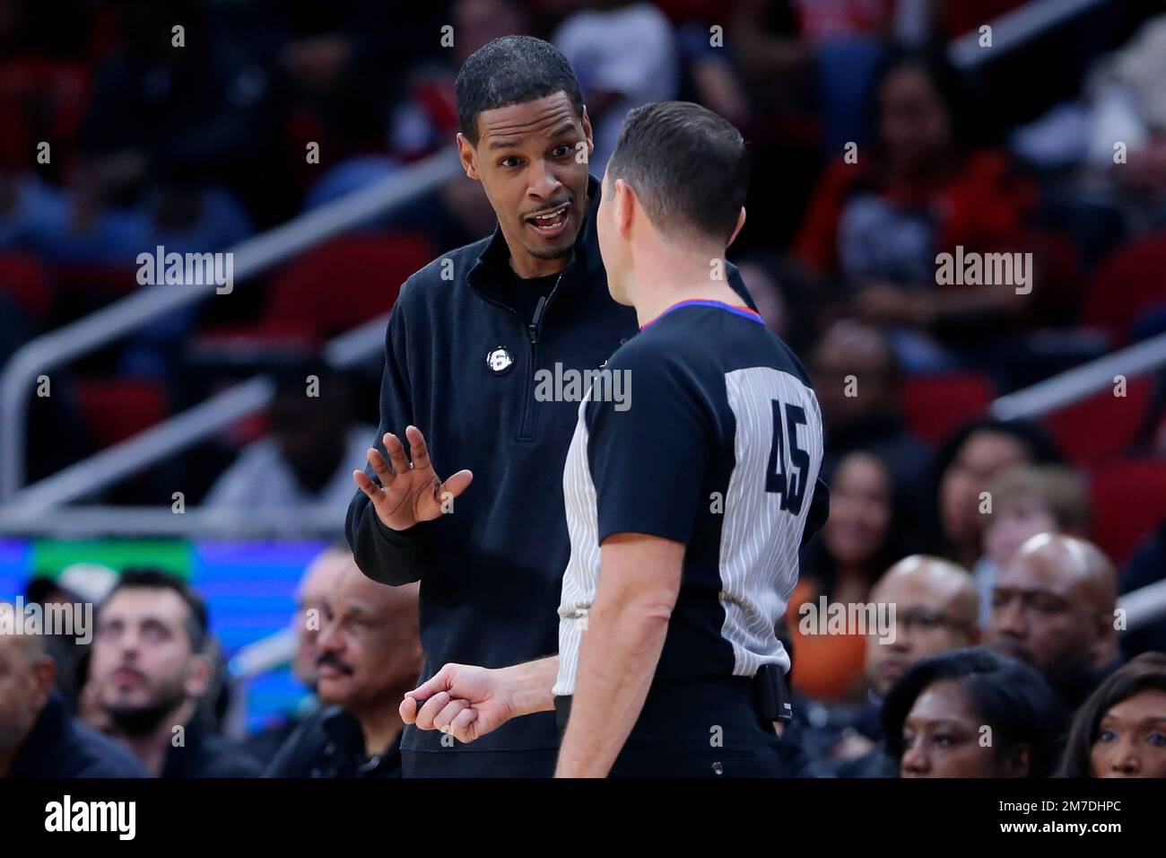 Houston Rockets head coach Stephen Silas talks with referee Brian Forte ...